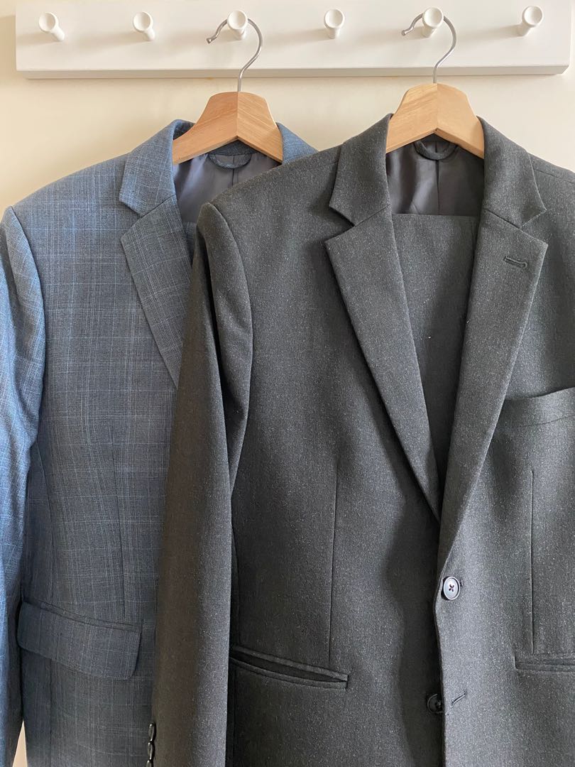 White Label Men Blue Checkered and Black Suit Groom Business Formal Set ...