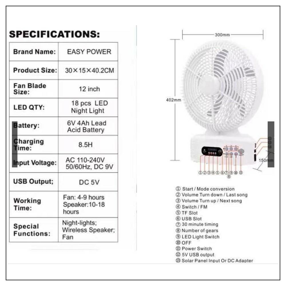 12" Solar Desk Fan Solar Rechargeable Fan GD9018 with FM Radio ...
