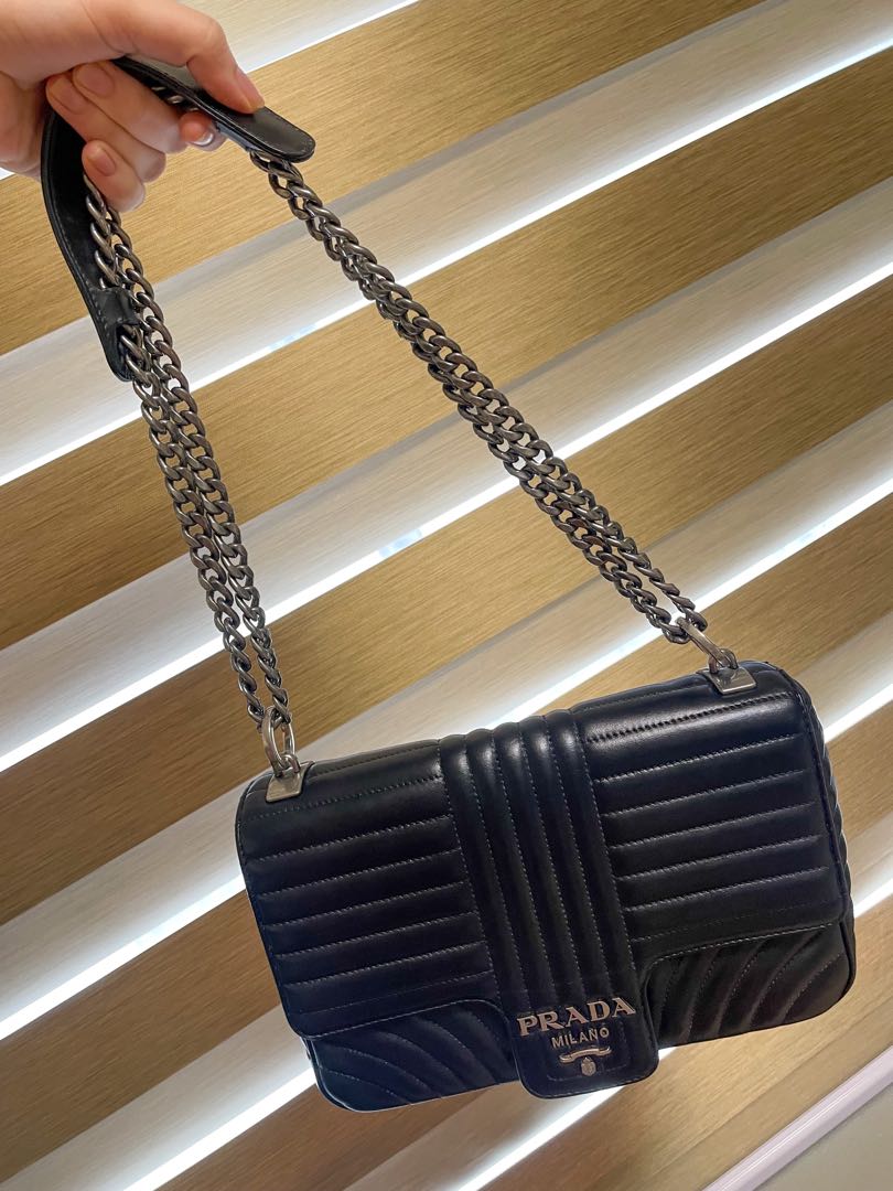 Authentic Prada Chain Flap Diagramme Large Black leather bag, Luxury ...