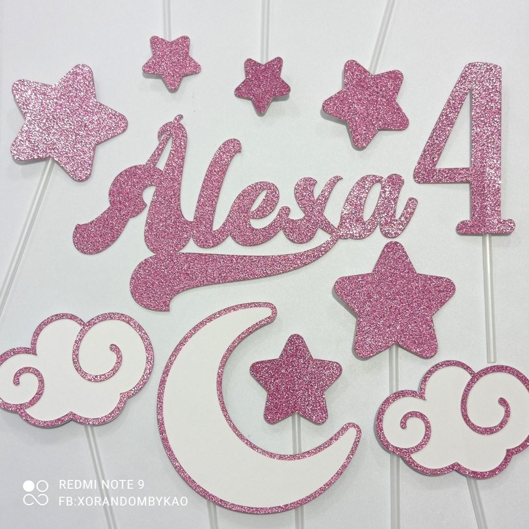 Cake Topper SET Moon and Stars Design Glitter Pink Cardstock with ...