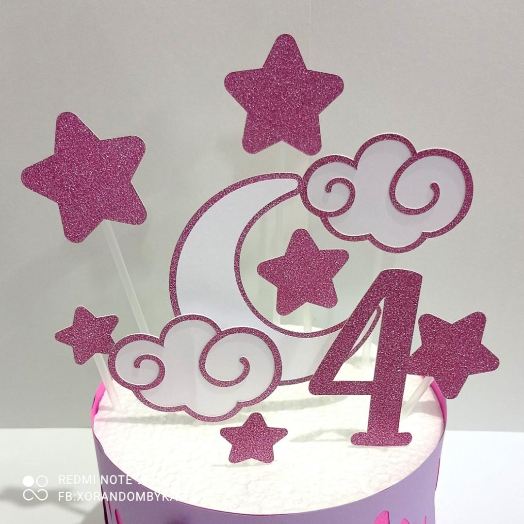 Cake Topper SET Moon and Stars Design Glitter Pink Cardstock with ...