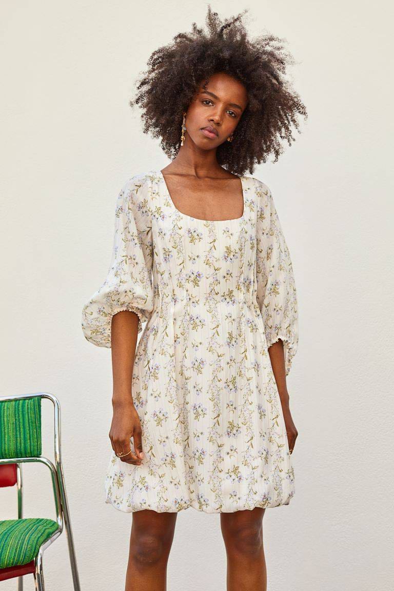 H&M x Brock Collection Floral Lyocell Puff Sleeve Square Neck Dress ...