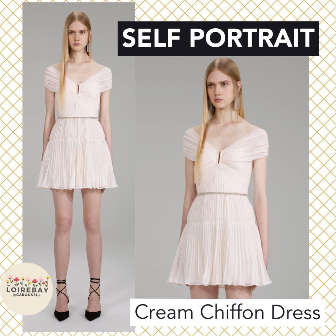 Self Portrait Cream White Chiffon Mini Dress, Women's Fashion, Dresses ...