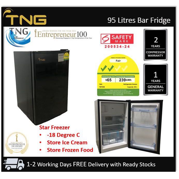 TNG 95 Litres Bar Fridge - Black Refrigerator with star freezer, TV ...