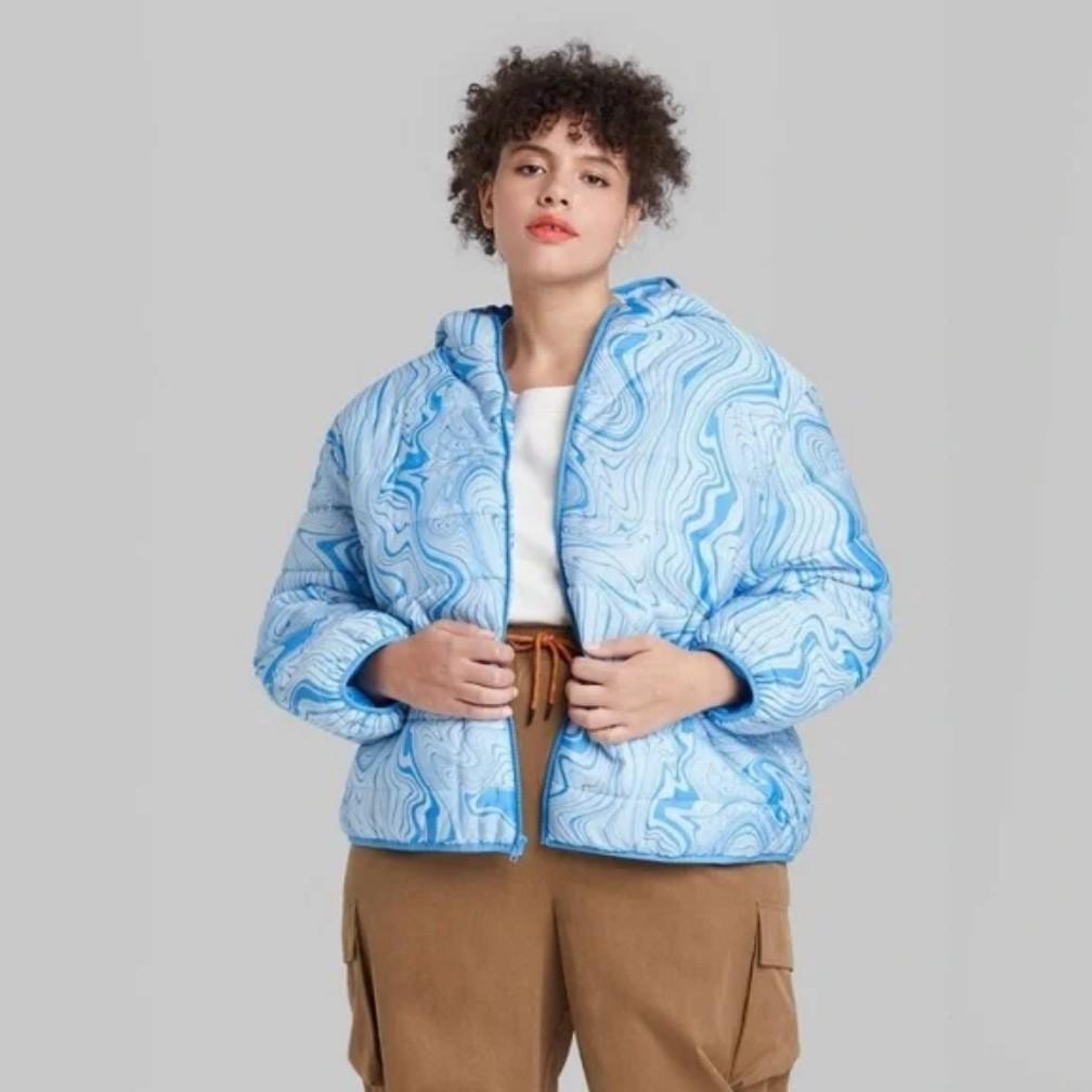 Wild Fable Blue Marble Hooded Quilted Puffer Jacket, Women's Fashion ...