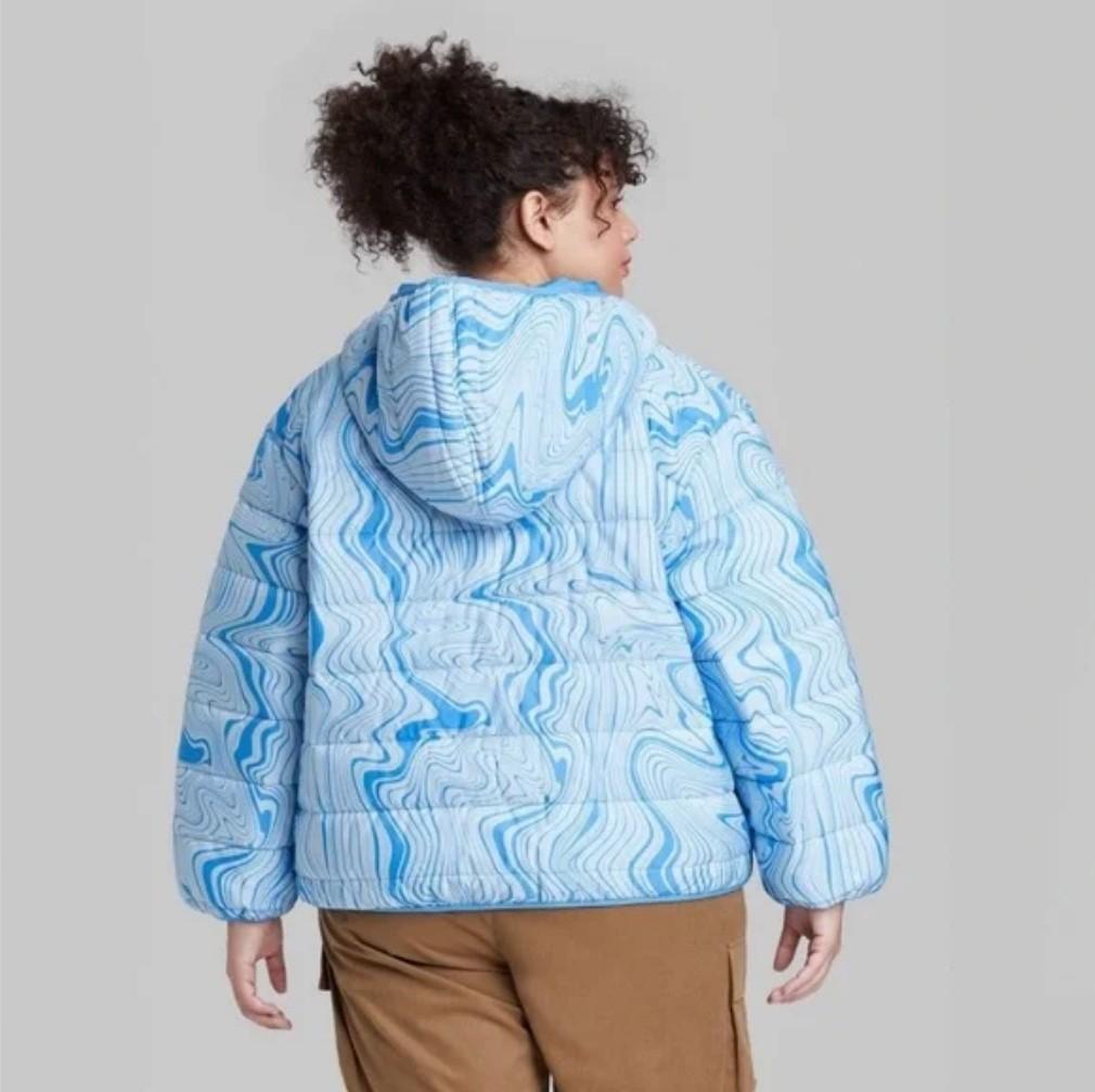 Wild Fable Blue Marble Hooded Quilted Puffer Jacket, Women's Fashion ...