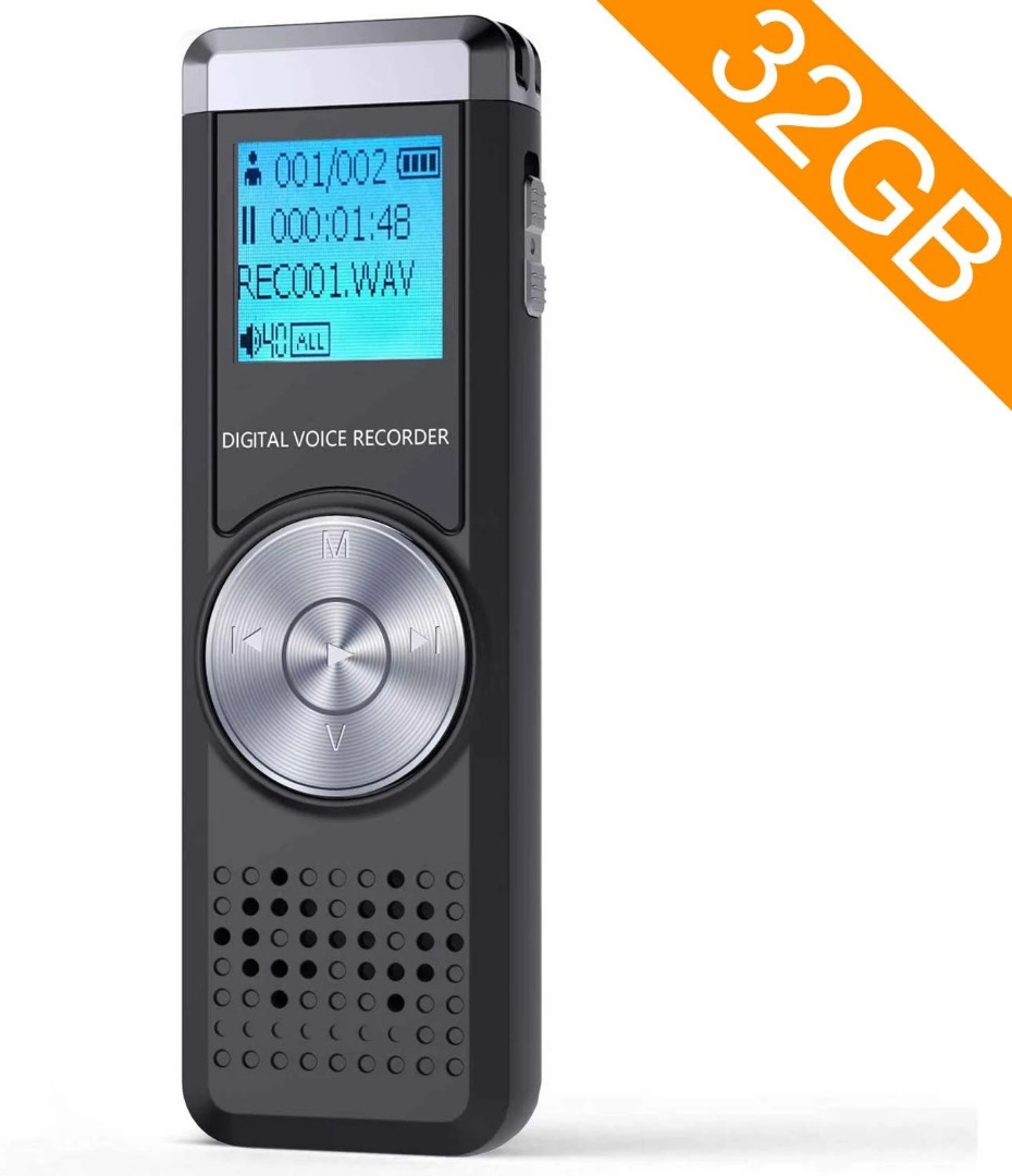 32GB Digital Voice Recorder Dictaphone Sound Activated Recorder Portable Rechargeable HD Audio ...