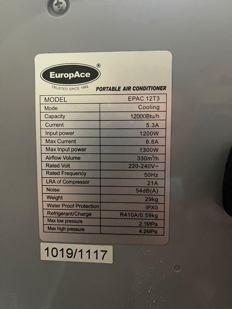 EuropAce EPAC 12T3 (3-in-1) portable aircon / Fan / dehumidifier, TV ...