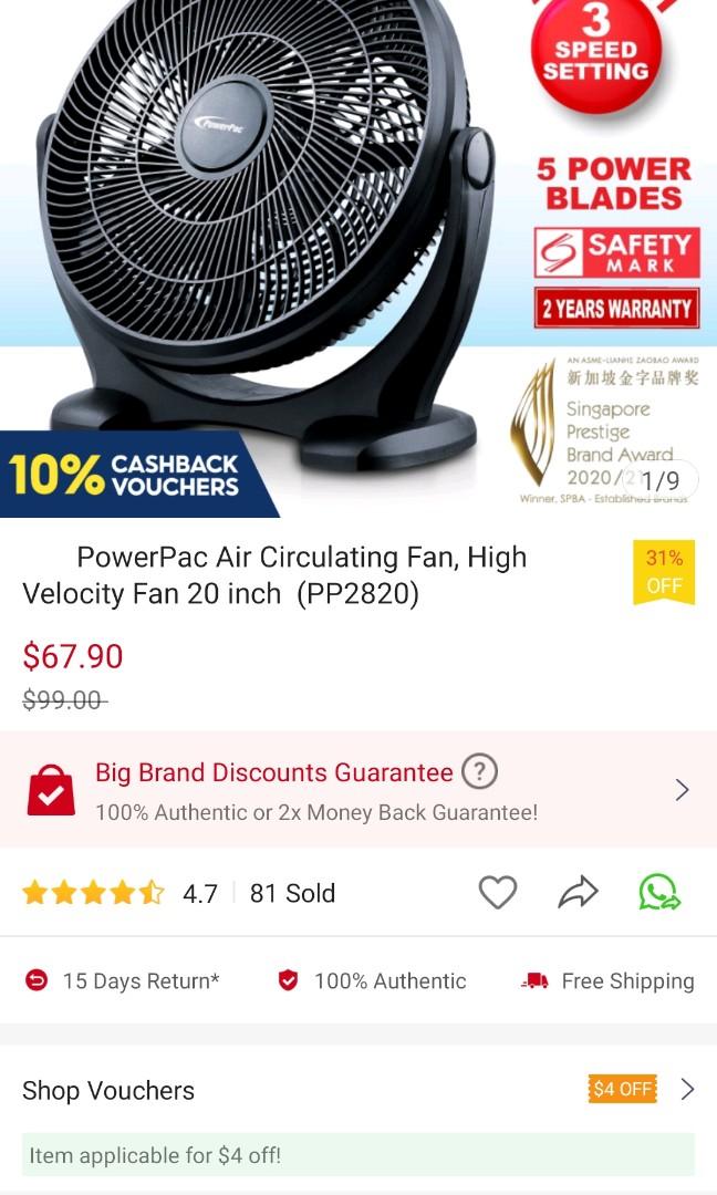 Powerpac 20" big velocity table fan, Furniture & Home Living, Lighting ...