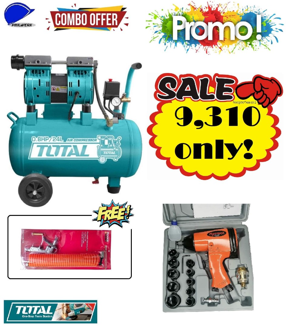 Total Air Compressor Silent Type 24 Liters 0.8HP & Maximus Air Tool Kit ...