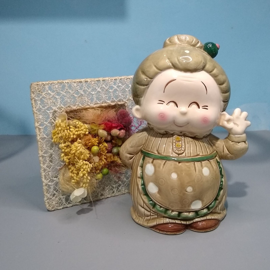 21cm or 8" big cute old grandma lady ceramic figurine coin bank ...
