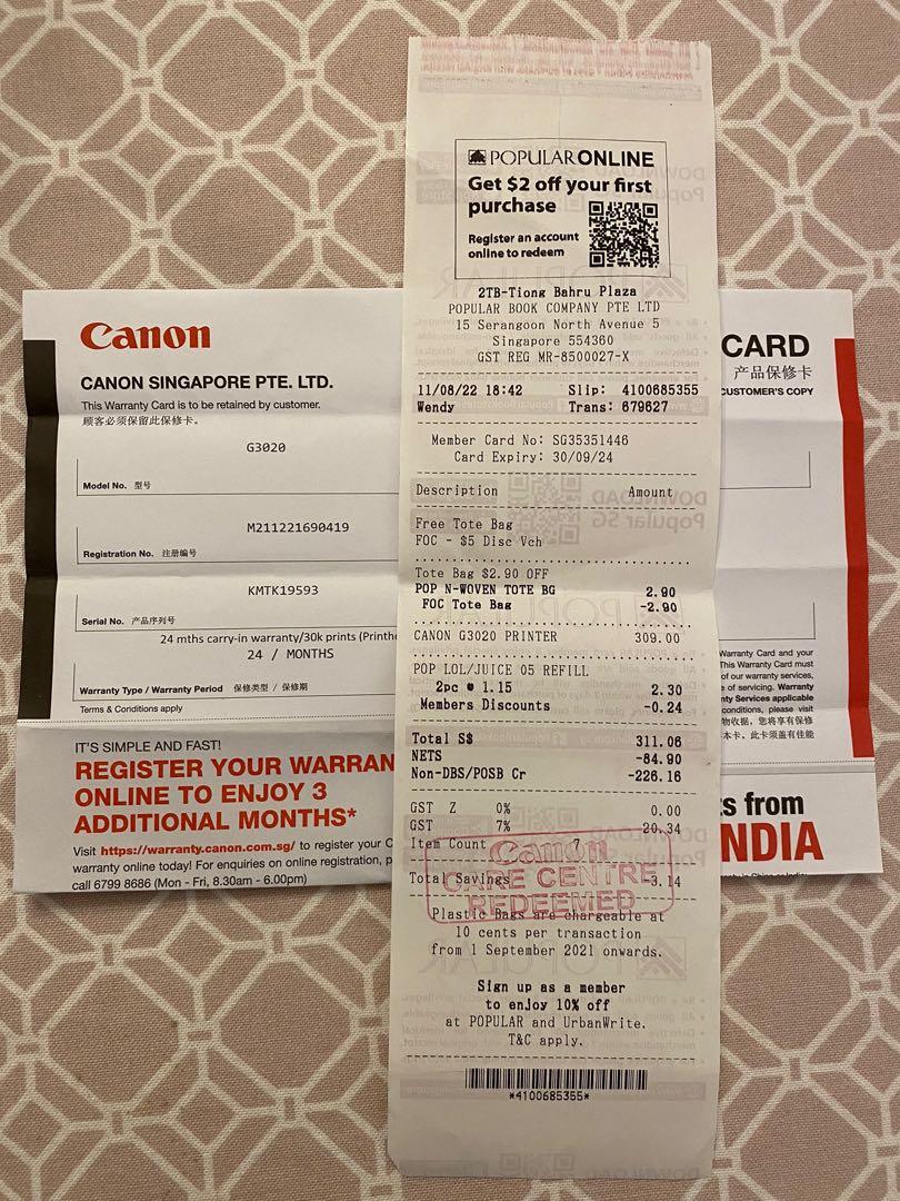 3-day-old Canon PIXMA G3020 with $40 NTUC voucher, Computers & Tech, Printers, Scanners ...