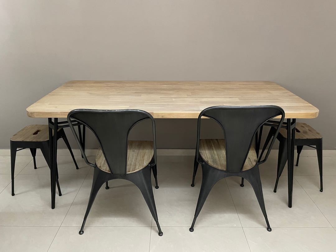 Industrial-look dining table set (2 chairs & 2 stools included ...