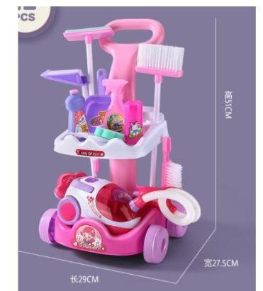 Pretend Play Cleaning Trolley Set with Broom Mop Duster Vacuum Cleaner ...