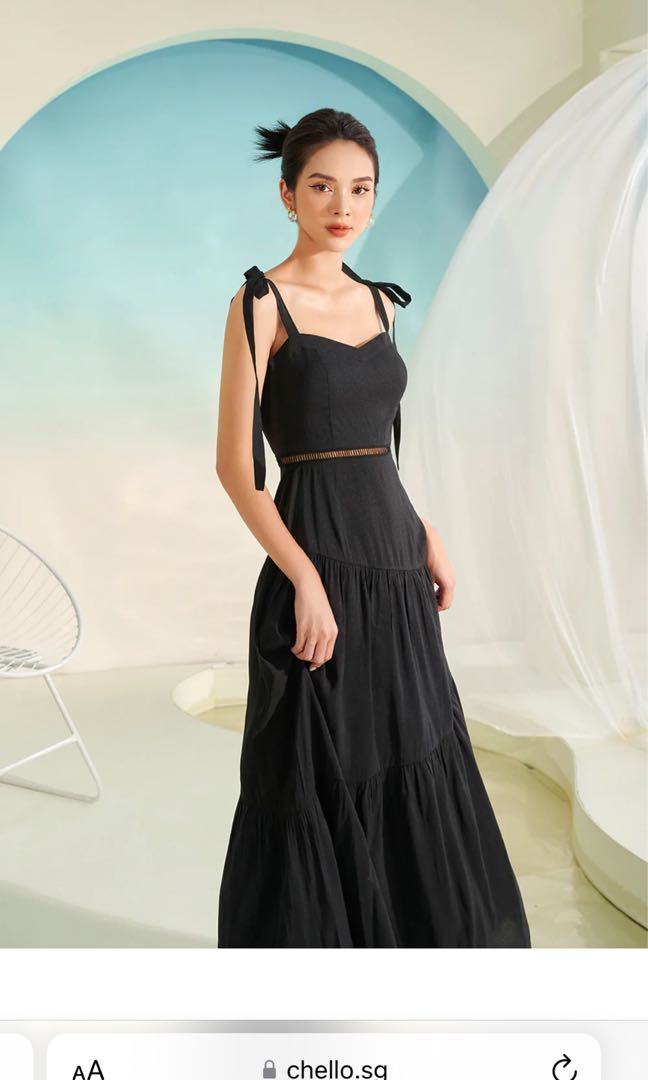 Chello Kristen ribbon maxi sun dress in classic black, Women's Fashion ...