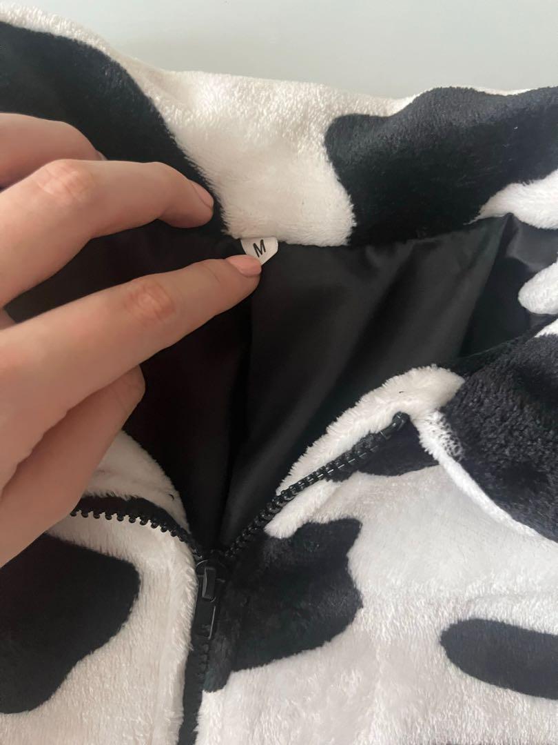 Furry cow print crop jacket / hoodie, Women's Fashion, Coats, Jackets ...
