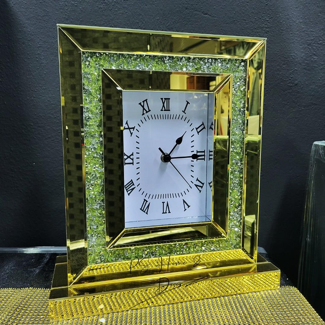 In Stock Stunning Mirrored Crush Diamond Table Clock Gold, Furniture ...