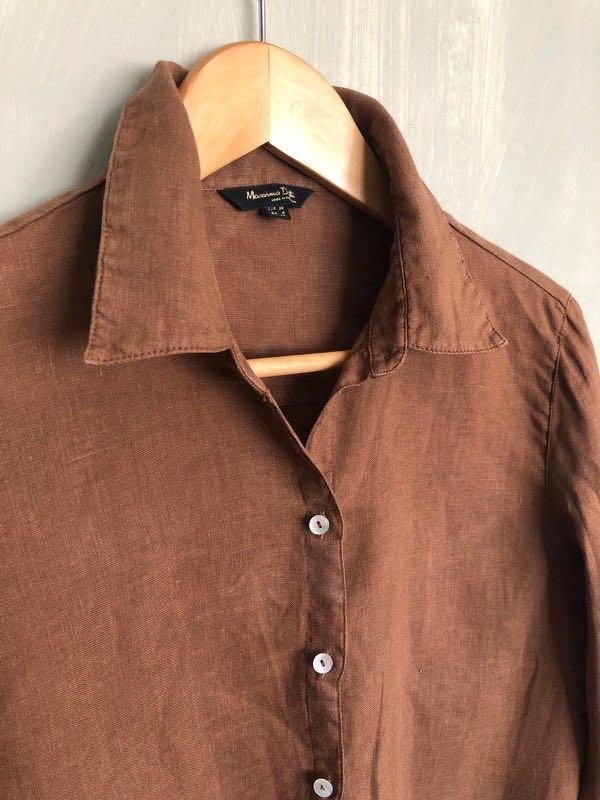 Massimo Dutti brown linen shirt, Women's Fashion, Tops, Shirts on Carousell