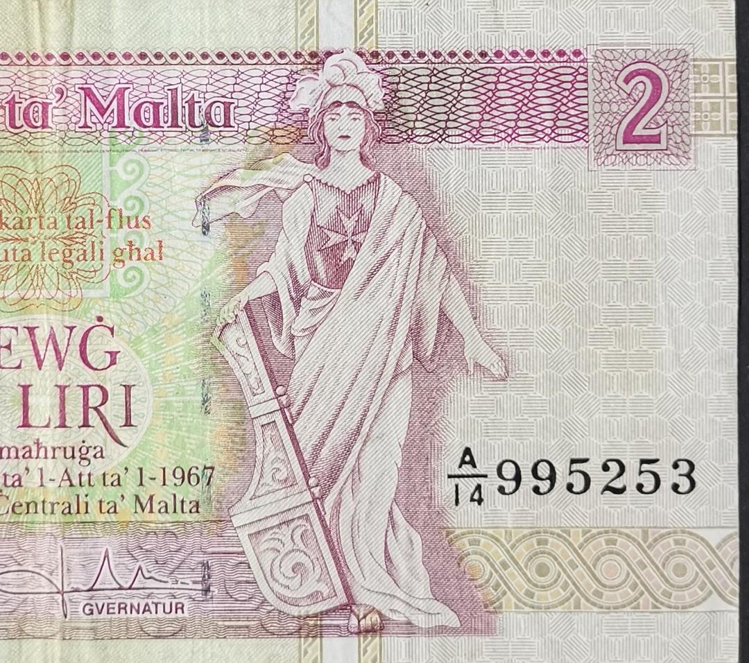 RARE 1967 Malta 2 Liri World/Singapore currency collection 两元 /马耳他旧钞 ...
