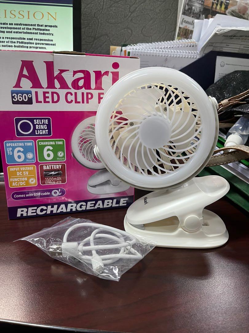 Akari Rechargeable 360 degrees LED Clip Fan, Furniture & Home Living ...