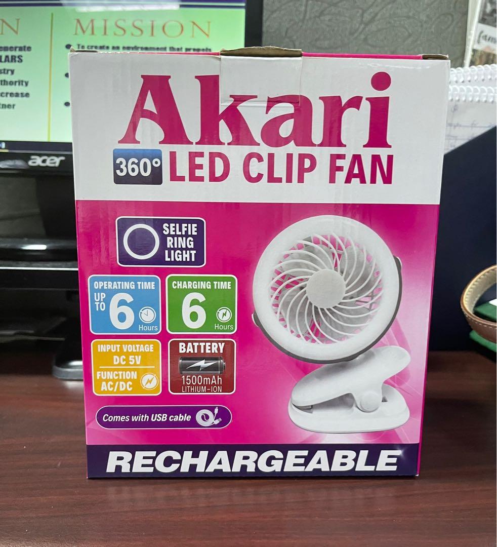 Akari Rechargeable 360 degrees LED Clip Fan, Furniture & Home Living ...