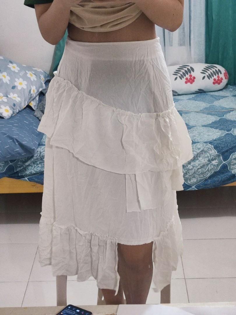 Long Ruffled White Skirt, Women's Fashion, Bottoms, Skirts on Carousell