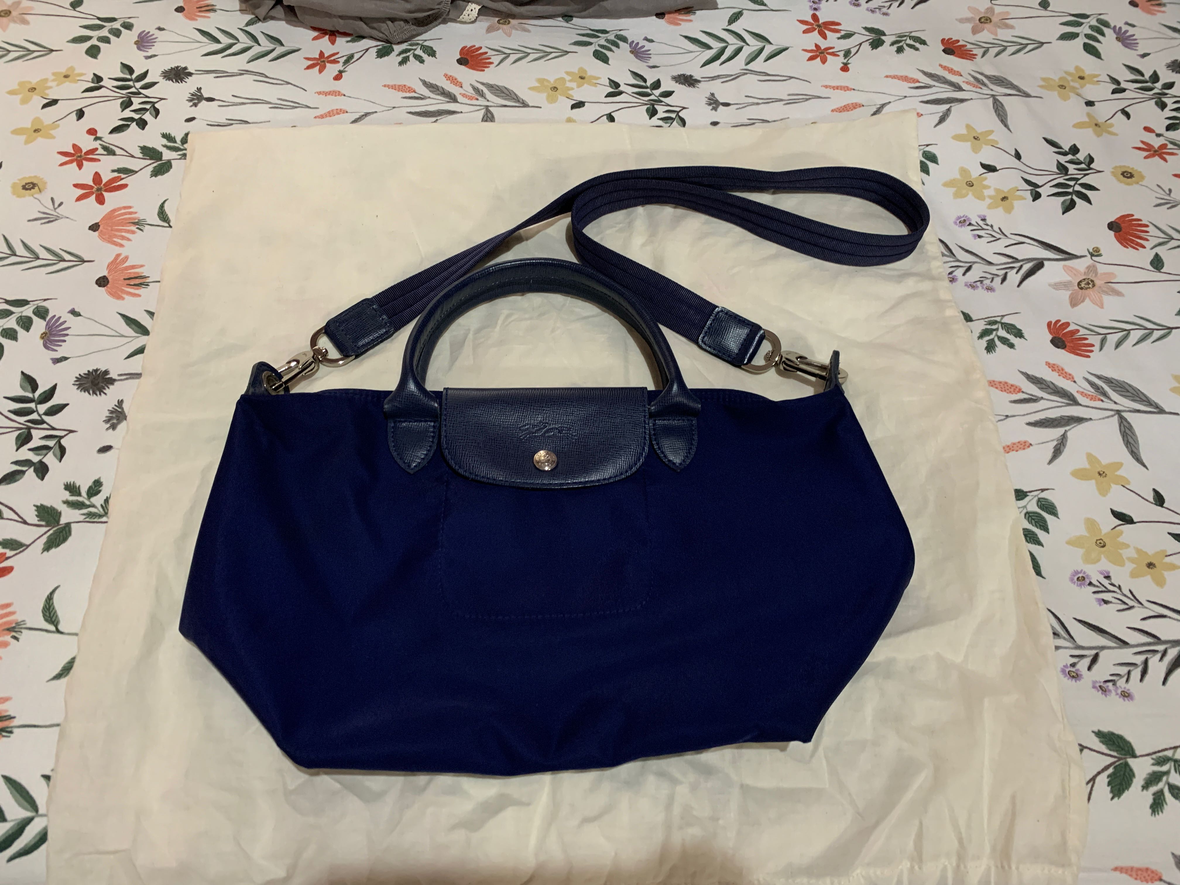 Longchamp LC neo pliage Navy small tote bag, Fesyen Wanita, Tas ...
