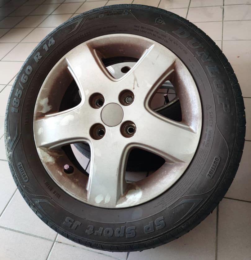 Perodua Myvi 14" original rim and tyre, Auto Accessories on Carousell