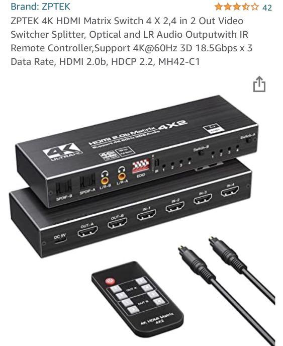 ZPTEK 4K HDMI Matrix Switch 4 X 2,4 in 2 Out Video Switcher Splitter ...