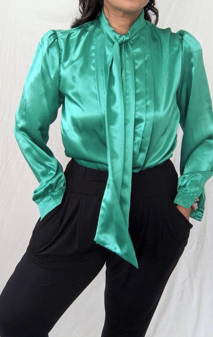 Emerald Green Satin Blouse, Women's Fashion, Tops, Blouses on Carousell