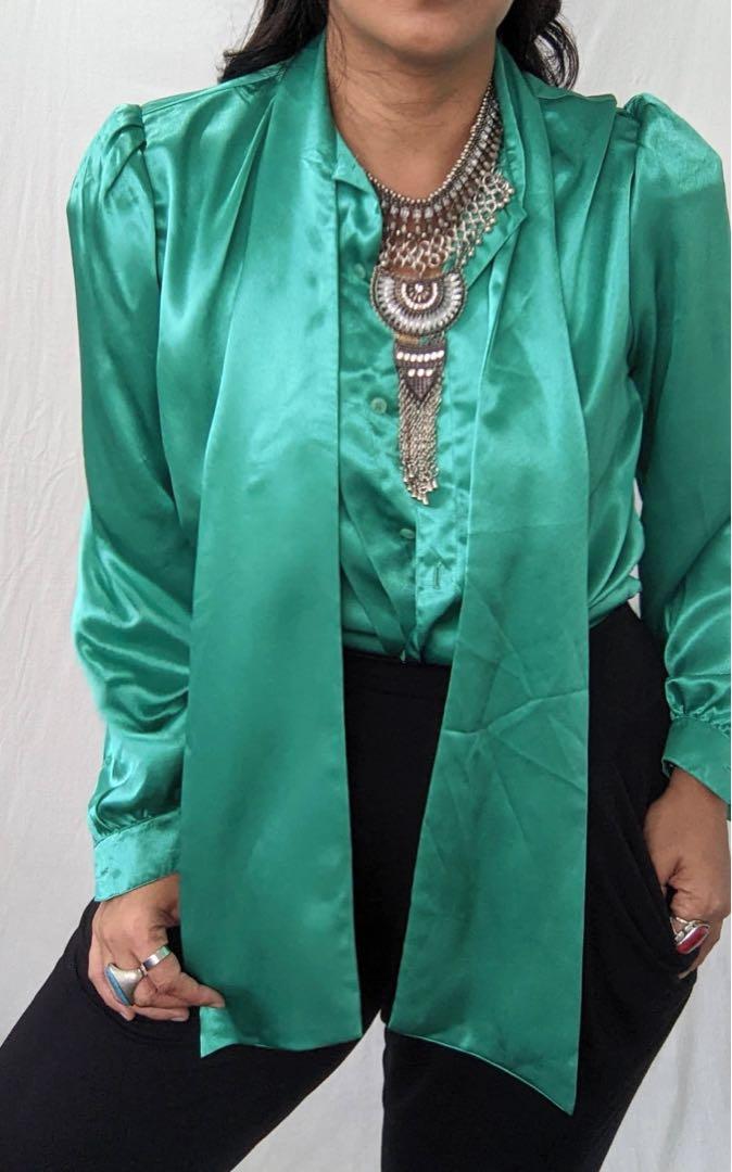 Emerald Green Satin Blouse, Women's Fashion, Tops, Blouses on Carousell