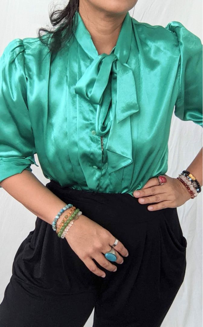 Emerald Green Satin Blouse, Women's Fashion, Tops, Blouses on Carousell
