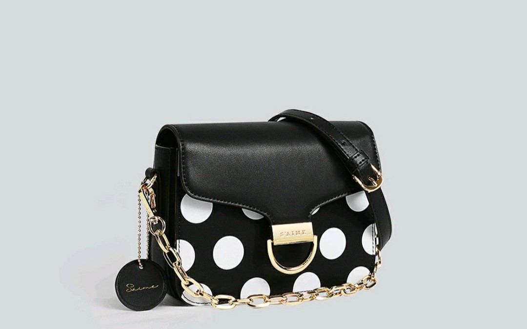 《S'AIME 》*絕版*赫本風全新真牛皮黑色小香COCO圓點側背包／手提包, 名牌精品, 精品包與皮夾在旋轉拍賣