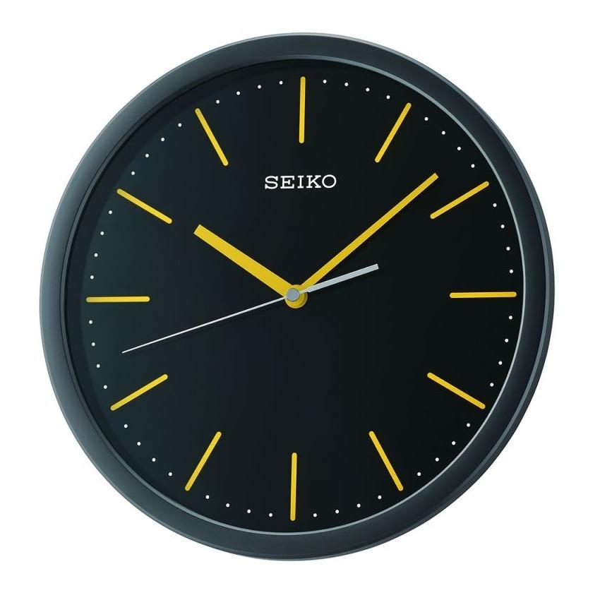Seiko Clock QXA476Y Quiet Sweep Black Analog Yellow Needle Quartz Wall ...