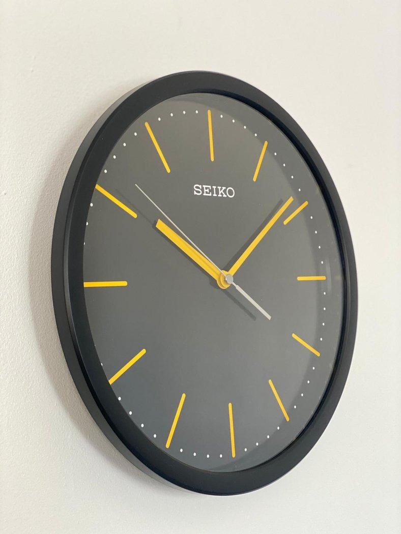 Seiko Clock QXA476Y Quiet Sweep Black Analog Yellow Needle Quartz Wall ...