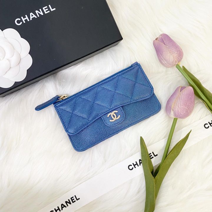 CHANEL Metallic Blue Card Holder, Luxury, Bags & Wallets on Carousell