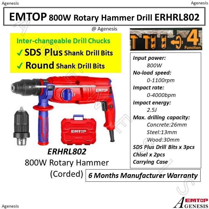 EMTOP 800W Rotary Hammer Drill ERHRL802, Everything Else on Carousell