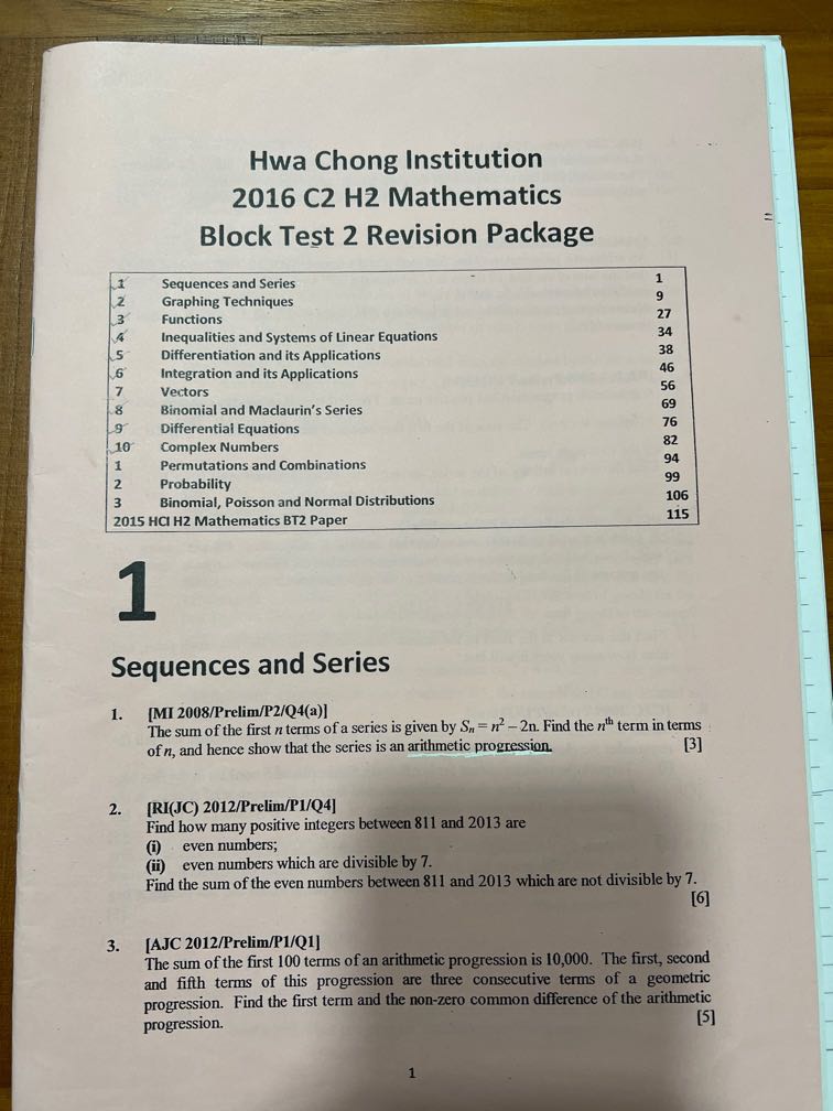 HCI 2016 C2 H2 Mathematics Block Test 2 Revision Package, Hobbies ...