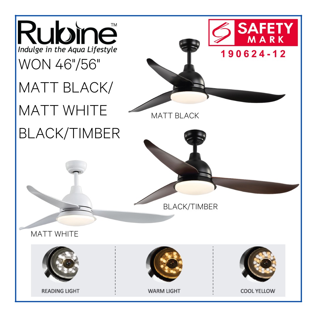 RUBINE WON Ceiling Fan With Light 46"/56" Matt Black/ White/ Timber ...
