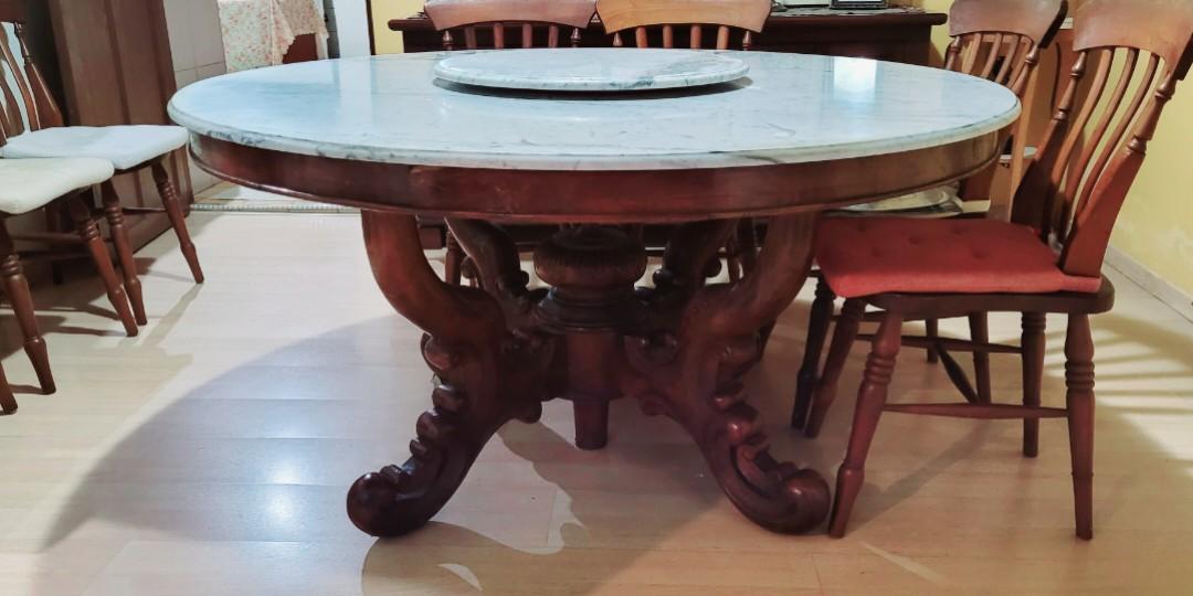 Vintage Solid Teakwood Dining Table with Marble Top, Marble Lazy Susan ...