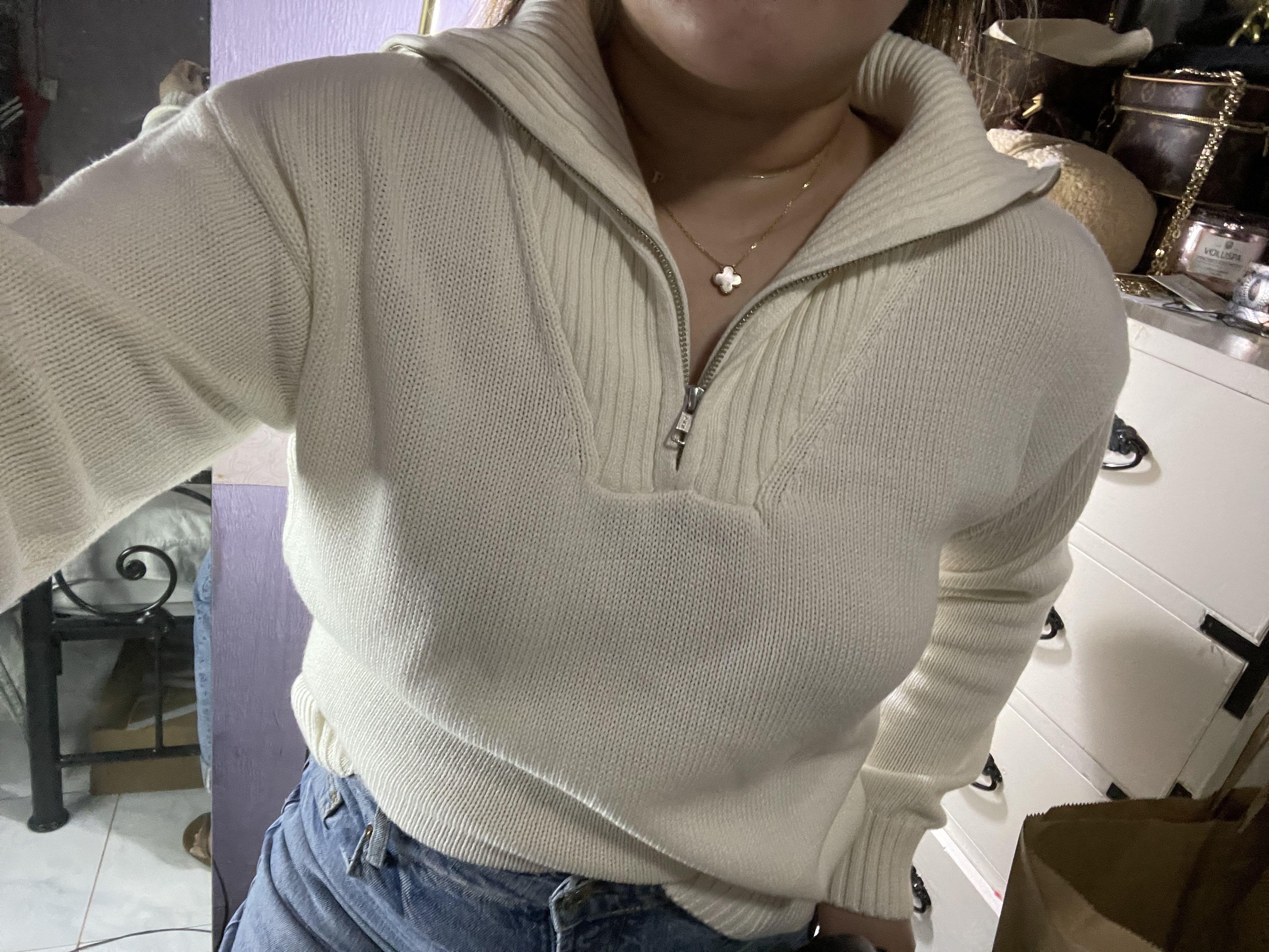 Zara wide lapel collar zip knit sweater ecru, Women's Fashion, Tops ...