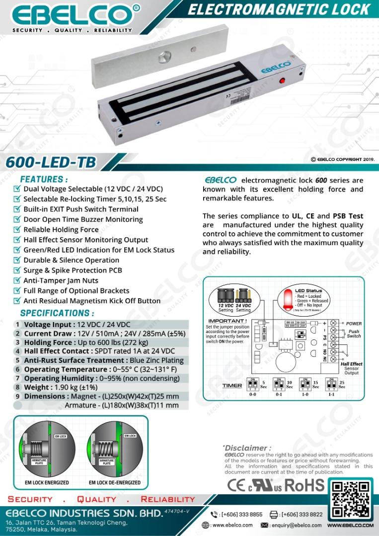 EBELCO 600LB EM LOCK LED E600-LED.TB w TimerBuzzer, Furniture & Home ...