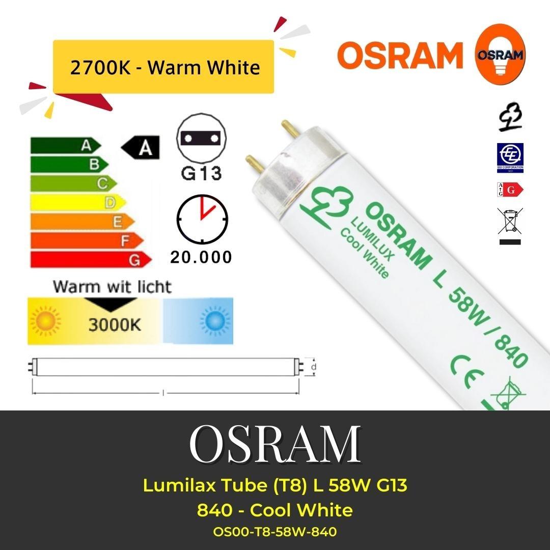 Osram Fluorescent Light Tube Lumilux T8 L 58W 840 G13 4000K Cool White ...