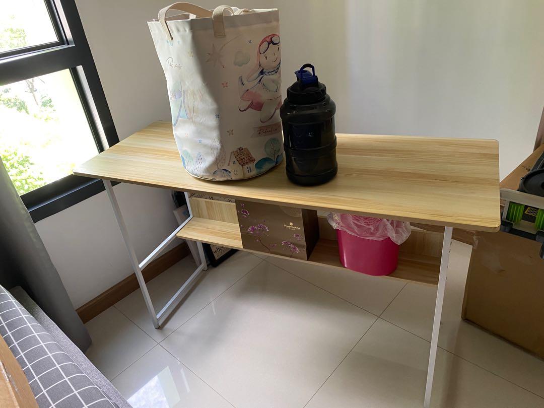 Wooden table with metal legs and ledge and storage, Furniture & Home ...