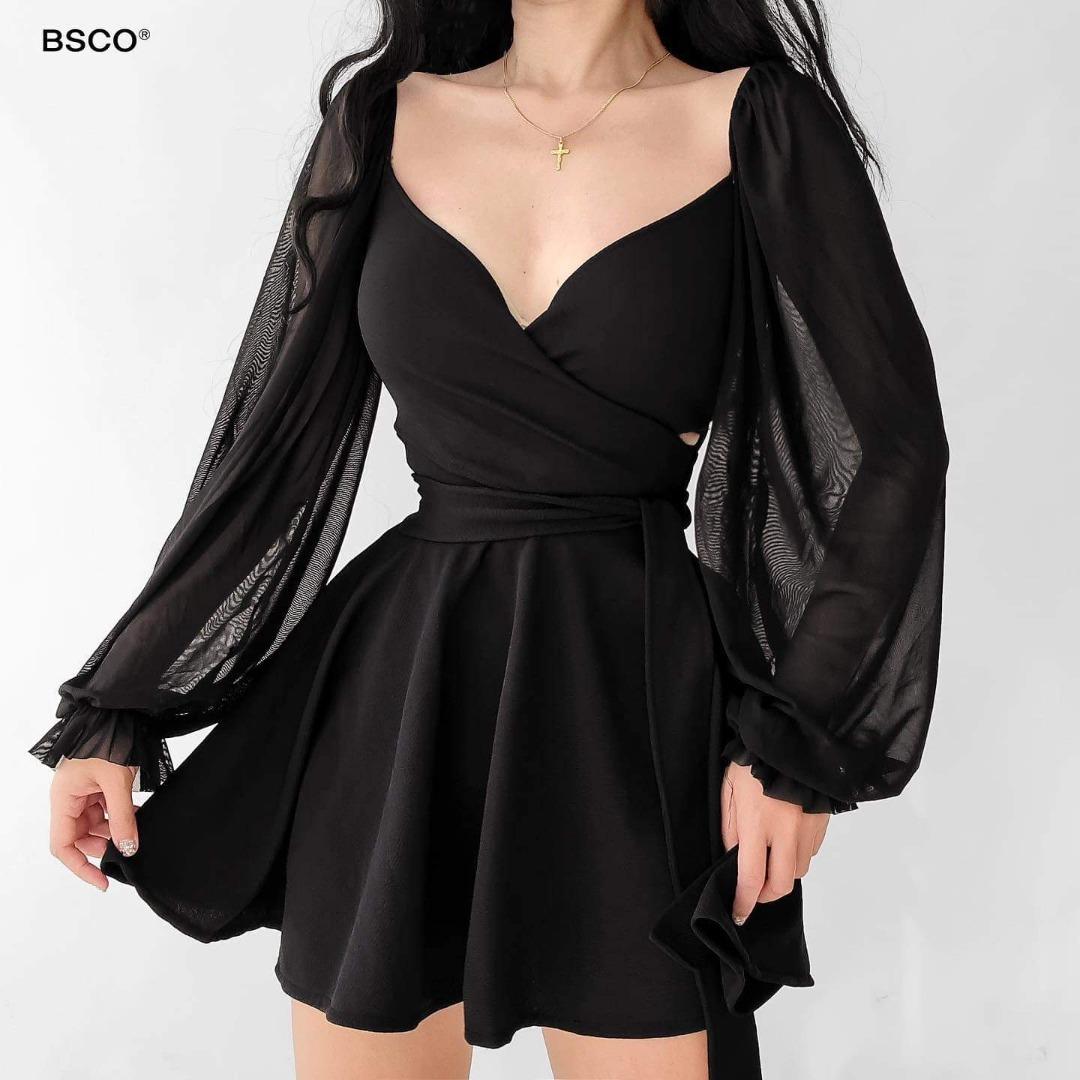 BSCO LORELEI Black Mesh Puff Sleeve Sexy Party Night Dress, Women's ...