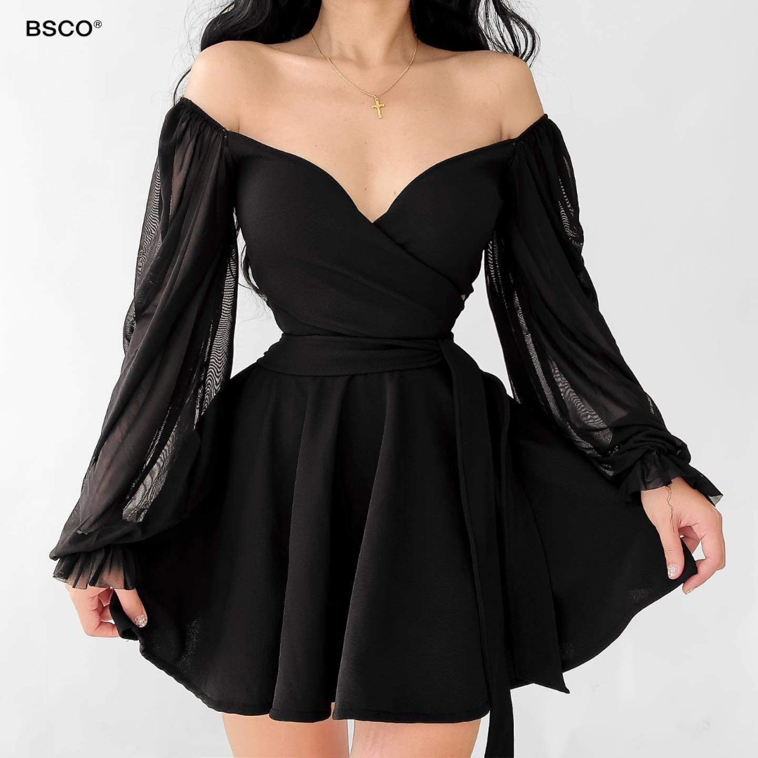 BSCO LORELEI Black Mesh Puff Sleeve Sexy Party Night Dress, Women's ...
