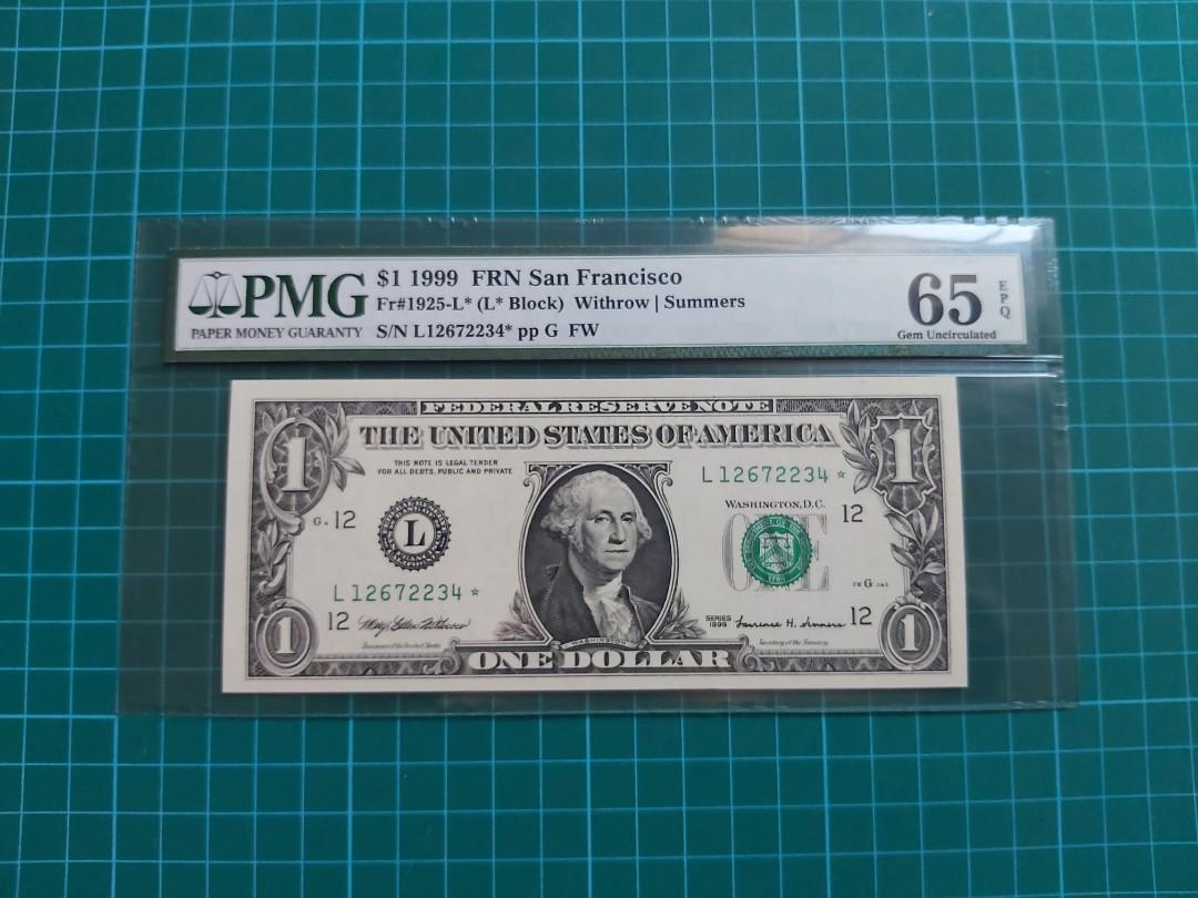 Replacement note US currency USD$1 one 1 dollar old banknote note 1999 ...