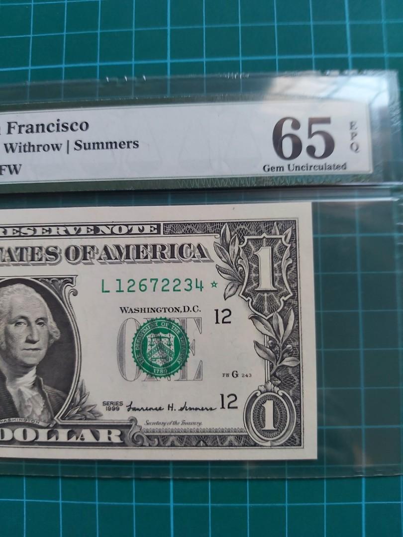 Replacement note US currency USD$1 one 1 dollar old banknote note 1999 ...