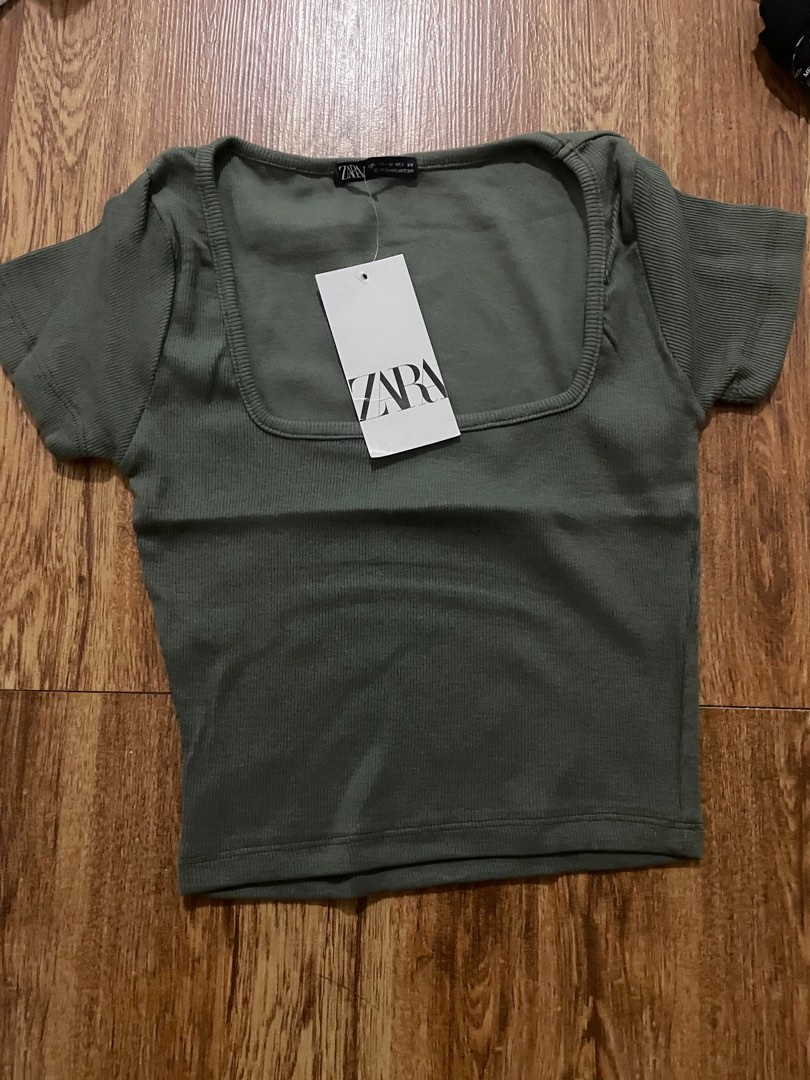 Zara squareneck army green, Women's Fashion, Tops, Blouses on Carousell