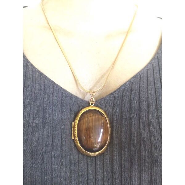 Big Genuine Tiger's Eye Photo Locket 40mm Semi Precious Stone Necklace ...